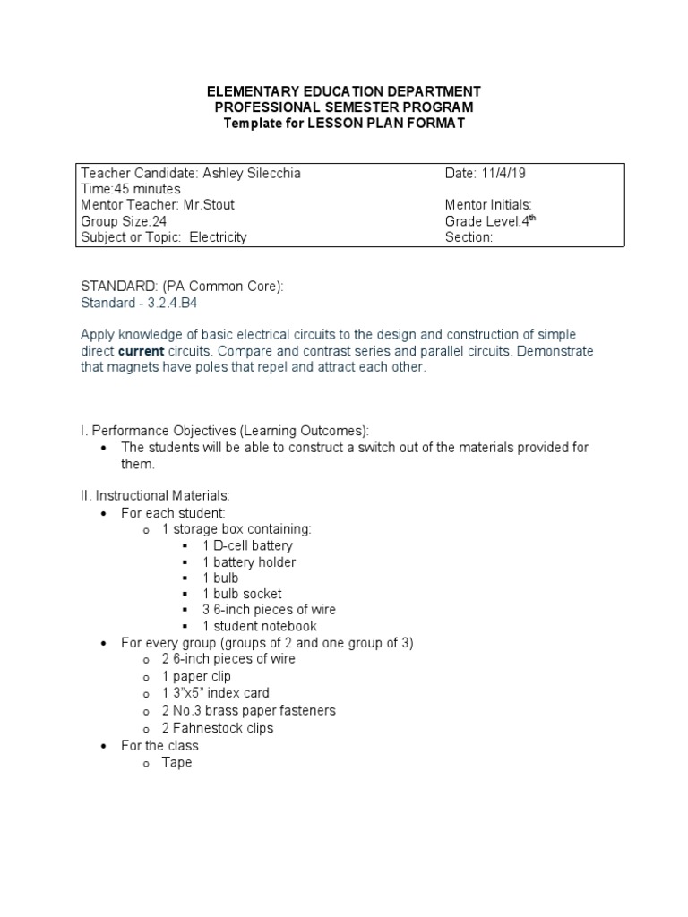 Electricity Lesson Plan | PDF | Mentorship | Teachers
