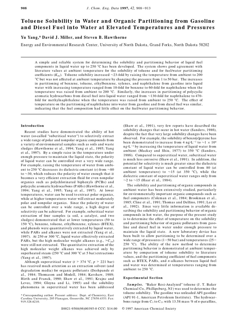 Toluene Solubility in Water and Organic Partitioning From Gasoline and ...
