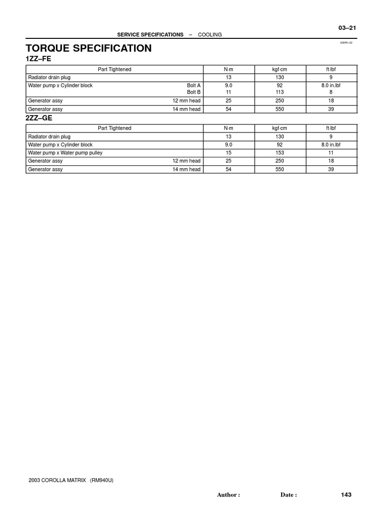 Torque Specification: 1ZZ-FE | PDF
