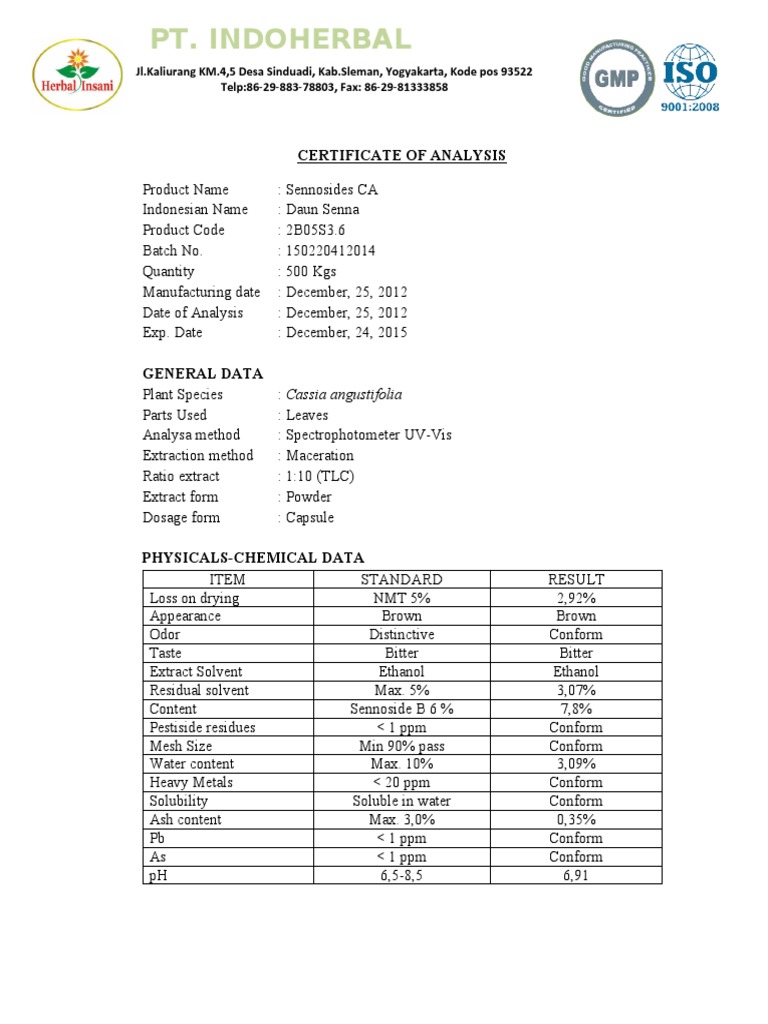 Certificate of Analysis | PDF | Chemical Substances | Chemistry
