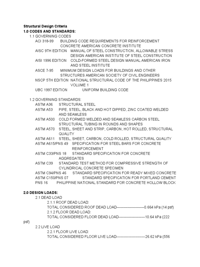 Structural Design Criteria 1.0 Codes and Standards | PDF | Strength Of ...