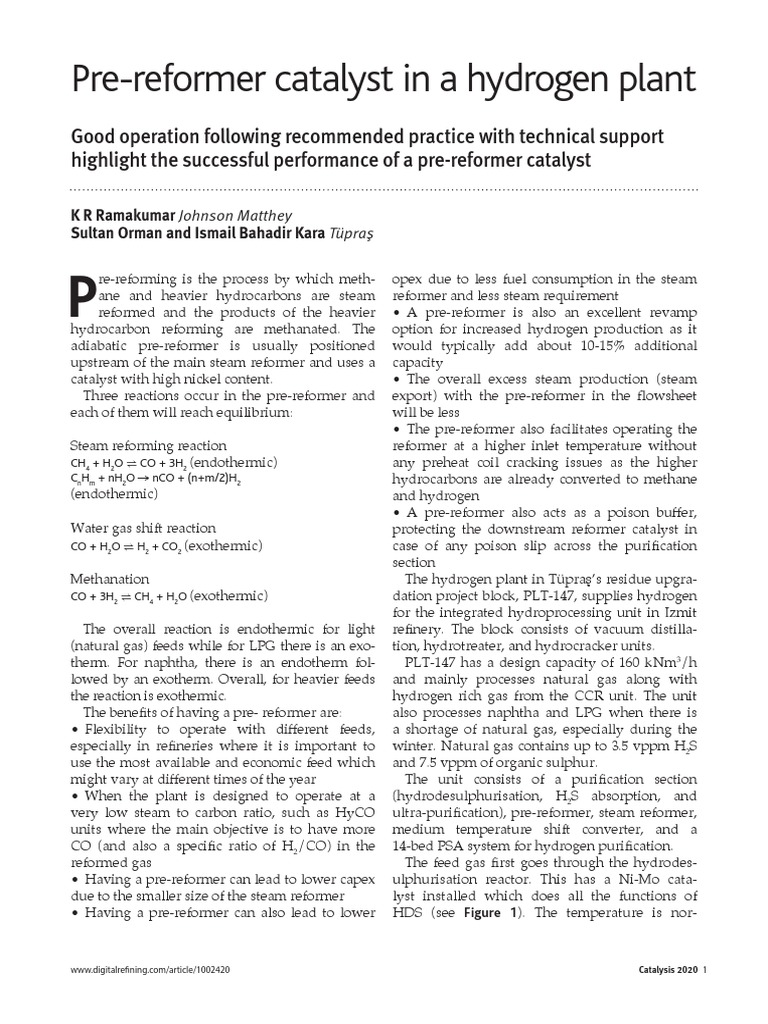 Pre-Reformer Catalyst in A Hydrogen Plant | PDF | Cracking (Chemistry ...