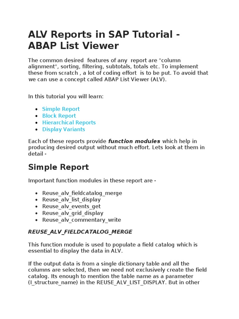 ALV Reports in SAP Tutorial - ABAP List Viewer: Simple Report | Download Free PDF | Parameter ...