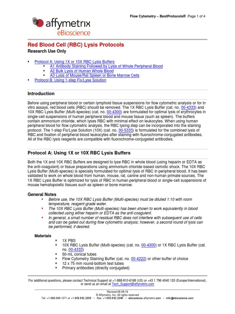 Red Blood Cell (RBC) Lysis Protocols: Research Use Only | PDF | Flow ...