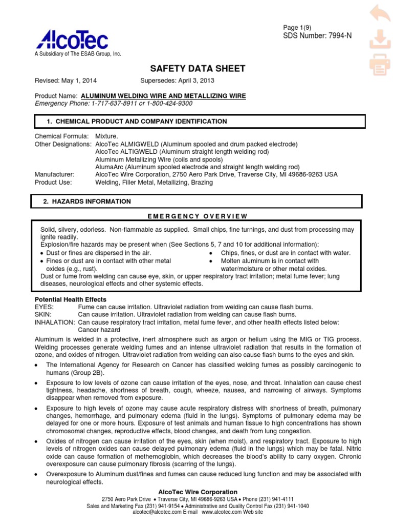 ALCOTEC (MSDS) GTAW-ALUMINUM WELD WIRE 7994-N Expires 17-05-01 | PDF ...