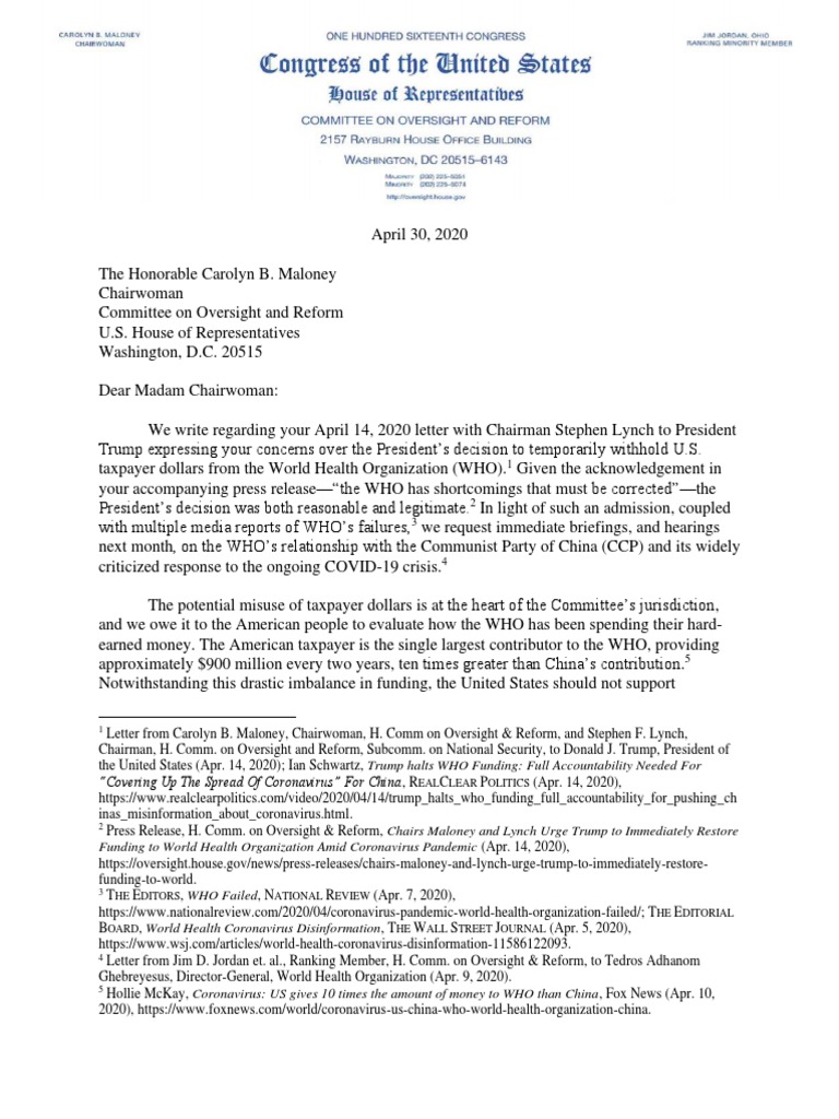 Oversight Letter On WHO & China | PDF | World Health Organization ...