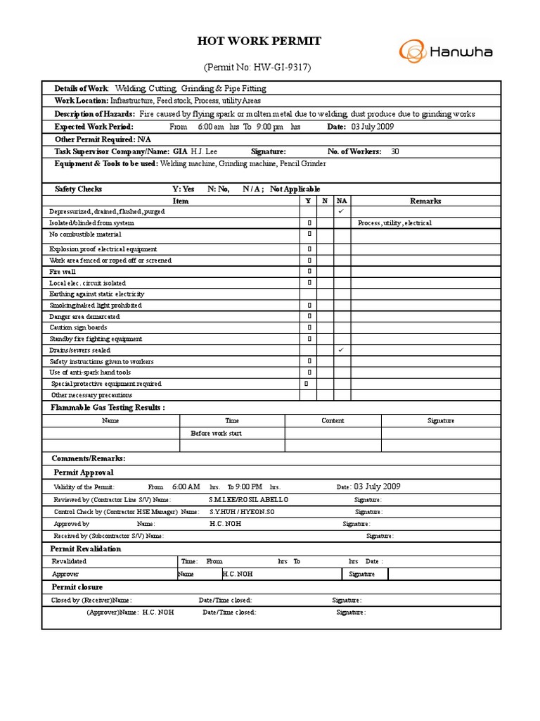 HOT WORK PERMIT Welding & Cutting & Grinding Pipe Rack Area | PDF ...