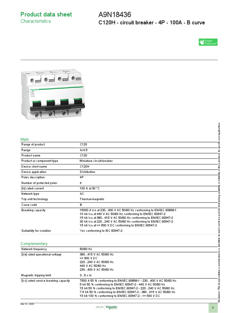 Product Data Sheet: C120H - Circuit Breaker - 4P - 100A - B Curve ...