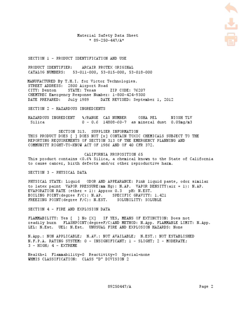 ARCAIR (MSDS) PROTEX ORIGINAL Expires 15-09-01 | PDF | Prevention | Safety