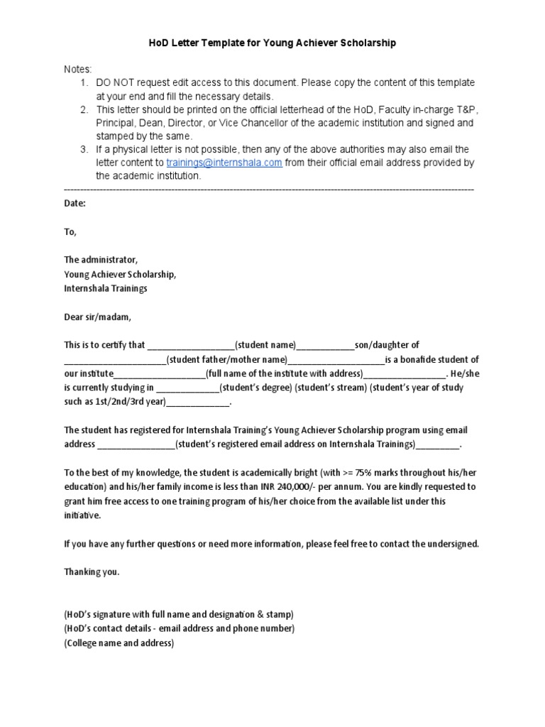 Hod Letter Template For Young Achiever Scholarship | PDF