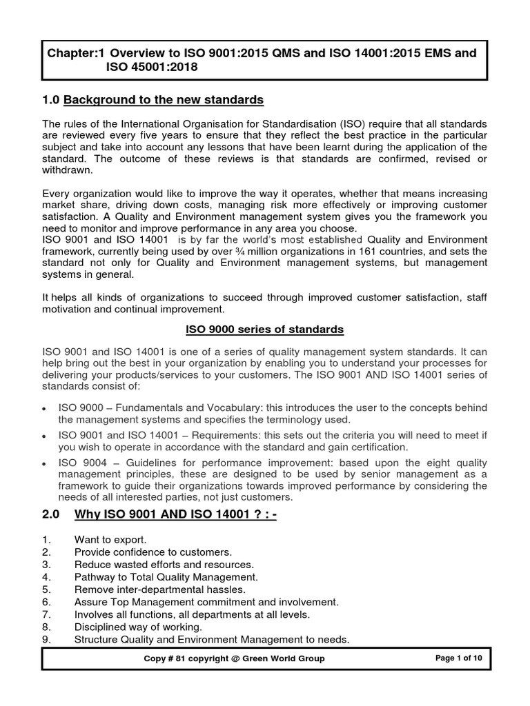 Chapter:1 Overview To ISO 9001:2015 QMS and ISO 14001:2015 EMS and ISO ...