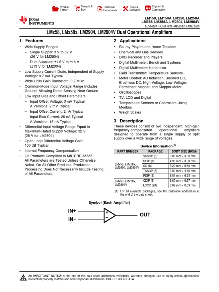 Lmx58, Lmx58X, Lm2904, Lm2904V Dual Operational Amplifiers: 1 Features 2 Applications | PDF ...