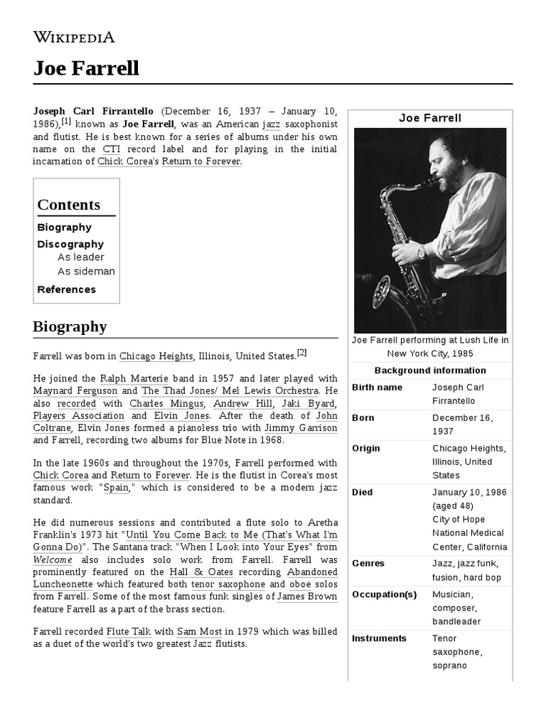 Joe Farrell: Joseph Carl Firrantello (December 16, 1937 - January 10 ...