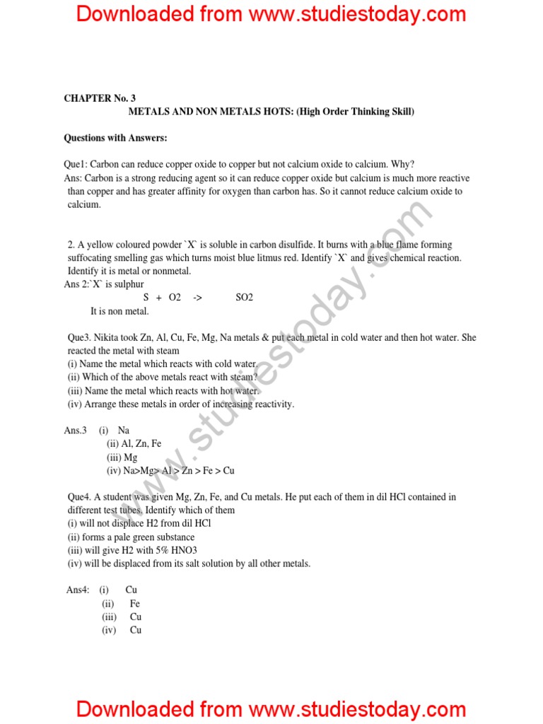 Chapter No. 3 METALS AND NON METALS HOTS: (High Order Thinking Skill ...
