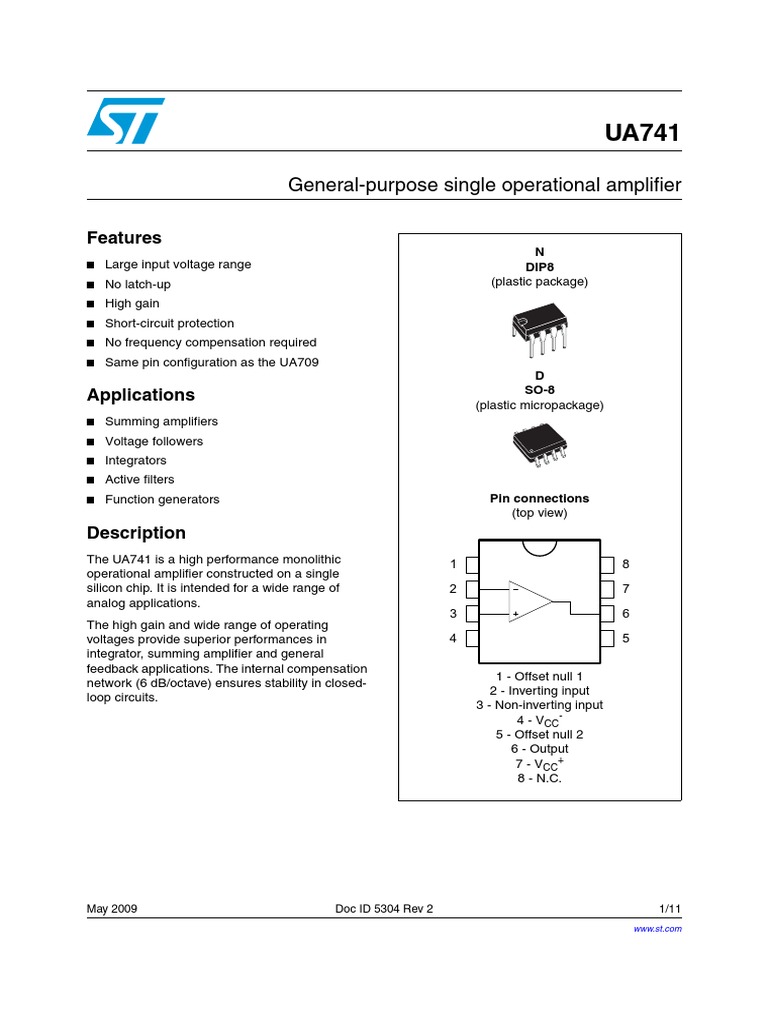STMicroelectronics UA741CN Datasheet PDF | PDF | Operational Amplifier | Electrical Engineering