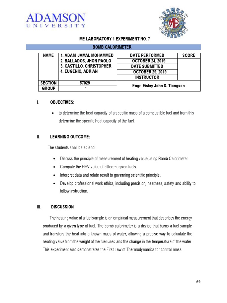 ME Lab 1 Exp 7 Bomb Calorimeter | PDF