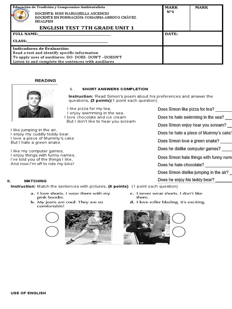English Test 7Th Grade Unit 1: Docente: Miss Marianella Ascencio ...