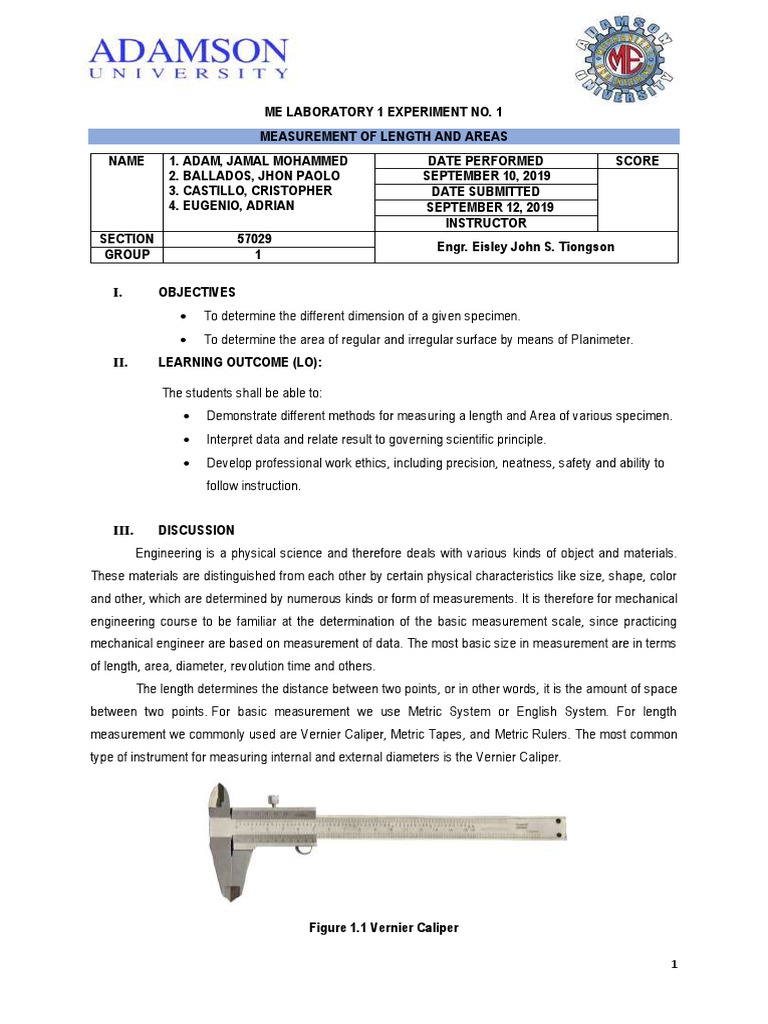 ME Lab 1 Exp 1 Measurement of Length and Area PDF | PDF | Area | Measurement