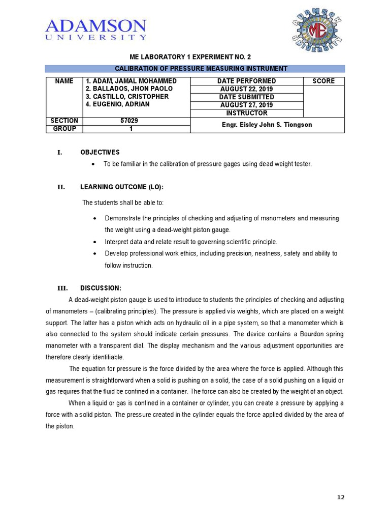 ME Lab 1 Exp 2 Calibration of Pressure Measuring Instrument PDF | PDF | Calibration | Pressure ...