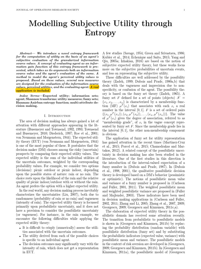 Modelling Subjective Utility Through Entropy | PDF | Utility | Information