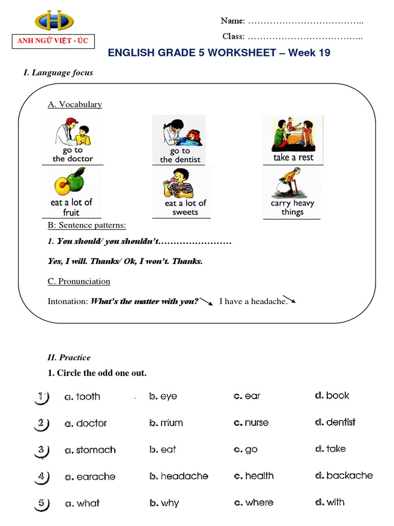 English Grade 5 Worksheet - Week 19: Name: .. Class: . | Download Free ...