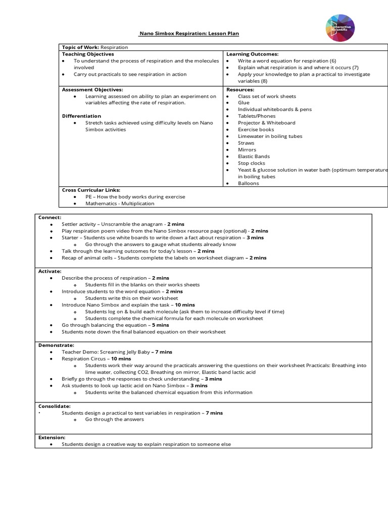 Nano Simbox Respiration: Lesson Plan Topic of Work: Respiration ...