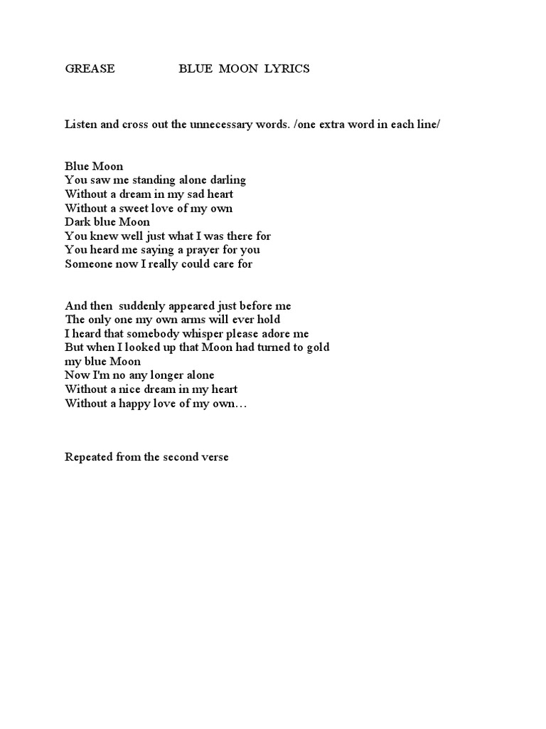 Grease Blue Moon Lyrics | PDF | Religion & Spirituality | Poetry