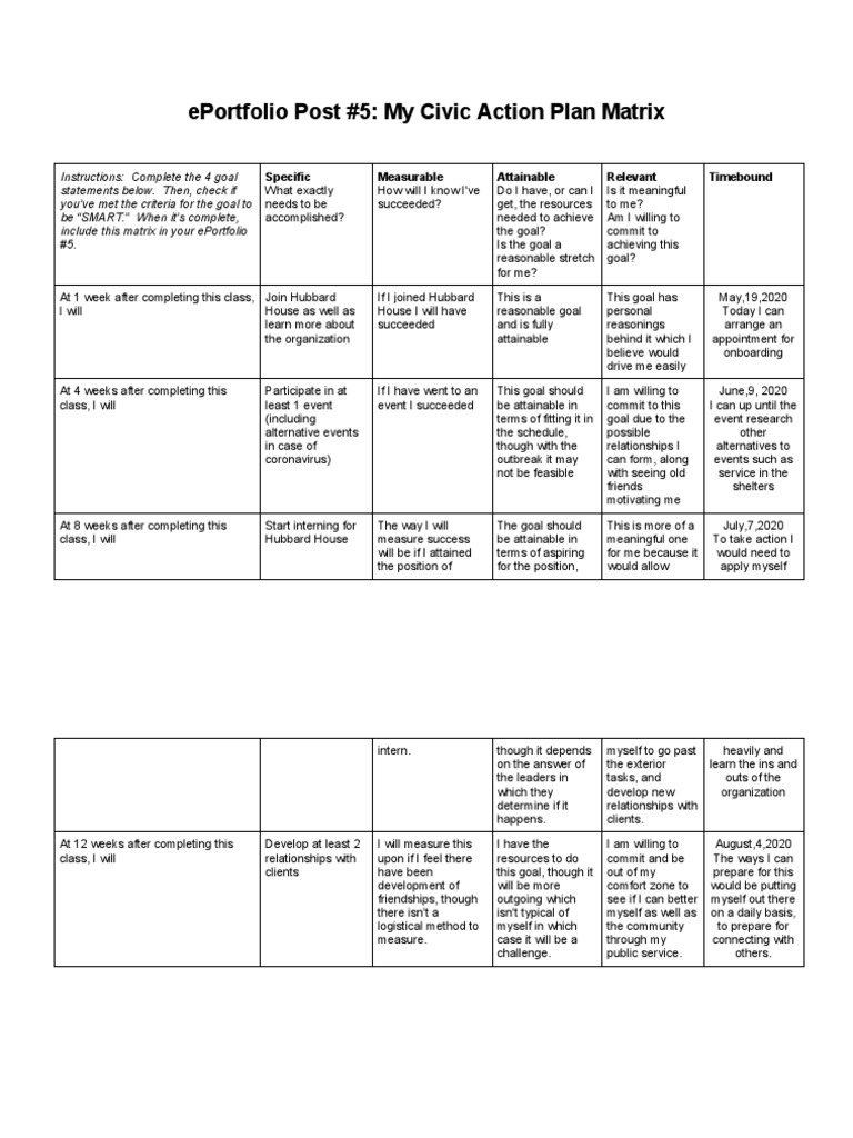 Final Post 5 My Civic Action Plan Matrix | PDF | Goal | Cognition