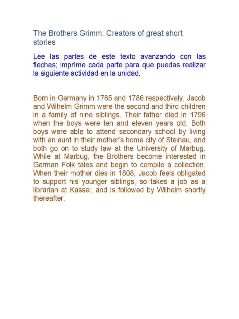 The Brothers Grimm: Creators of Great Short Stories | PDF | Brothers ...