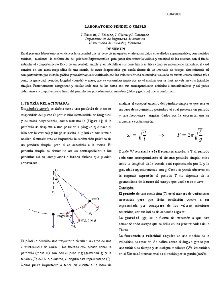 Laboratorio Pendulo Simple | PDF | Péndulo | Física