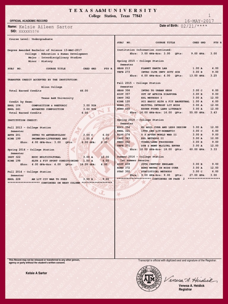 Tamu Official Transcript | PDF | Academia | Educational Assessment And ...