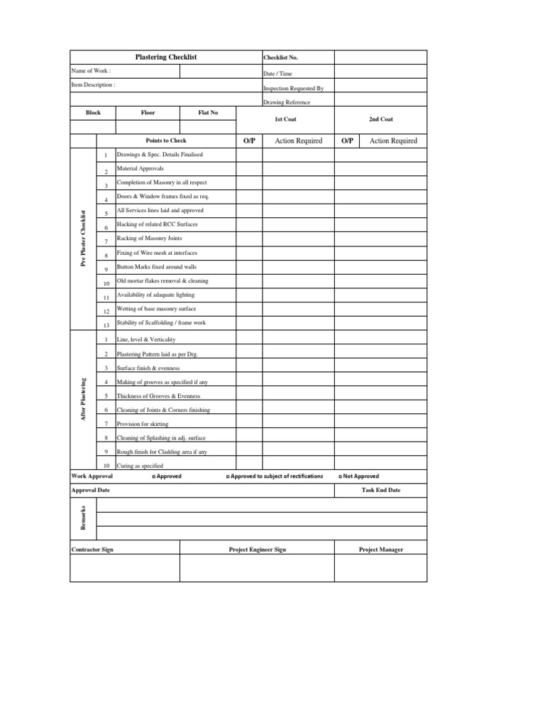 Plastering Checklist PDF | PDF | Masonry | Plaster