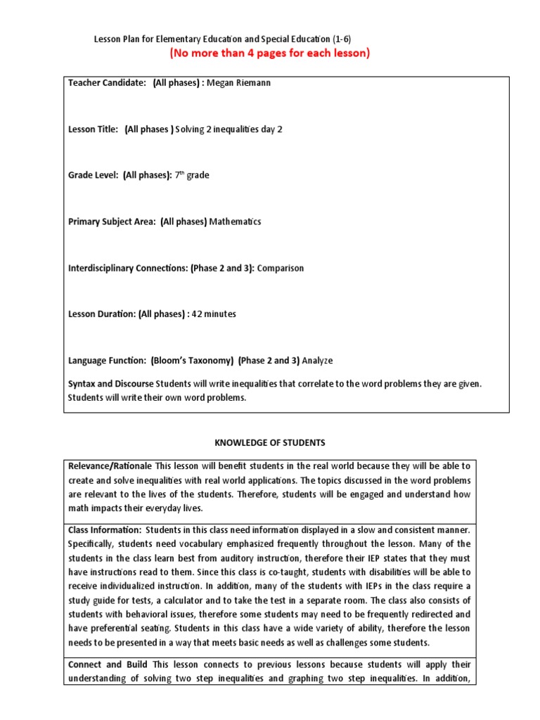 Lesson Plan 6 | PDF | Inequality (Mathematics) | Individualized ...