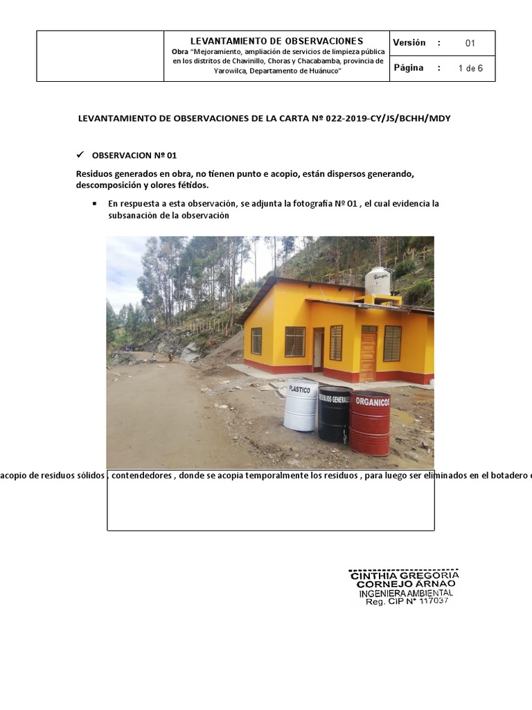 Informe de Levantamiento de Observaciones Ambientales Carta 022 - 2019 y Anexos | Descargar ...