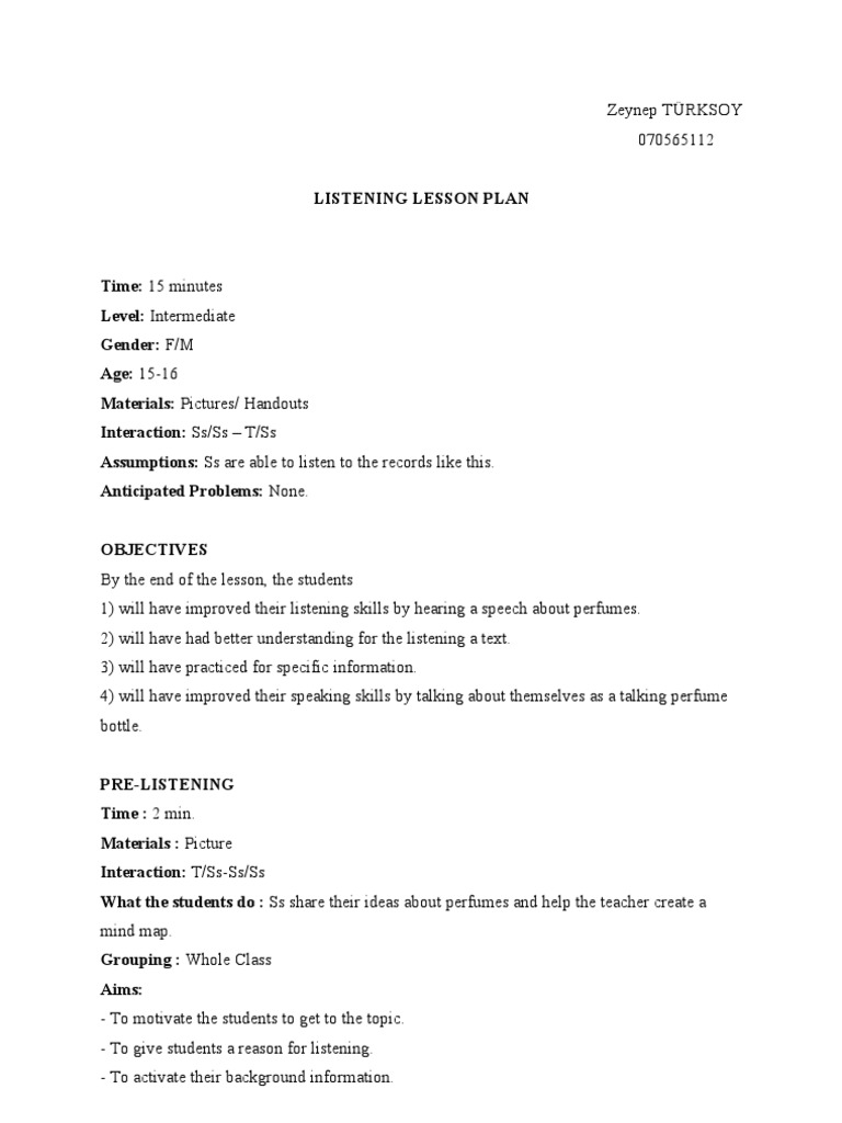 Listening Lesson Plan | PDF | Lesson Plan | Teaching