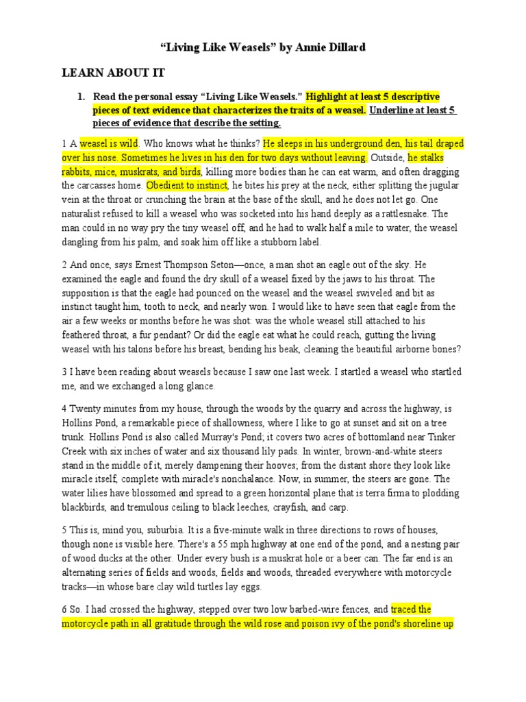 Living Like Weasels Anne Dillard Analysis | PDF | Nature