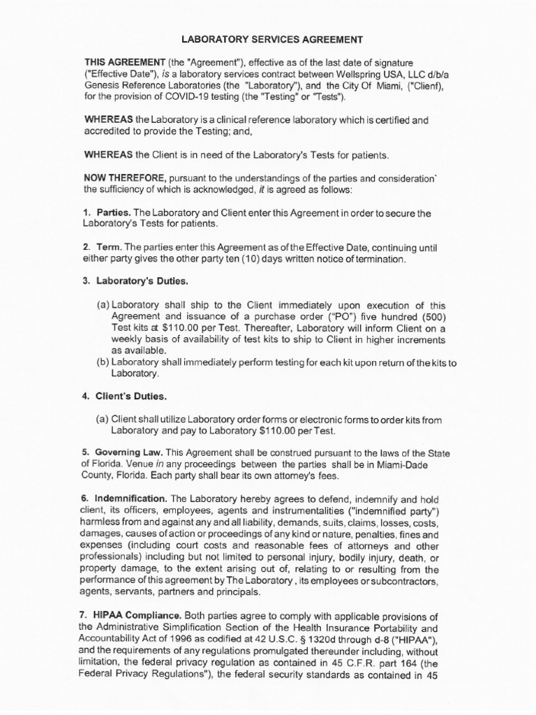 Laboratory Services Agreement - Wellspring USA, LLC PDF | PDF