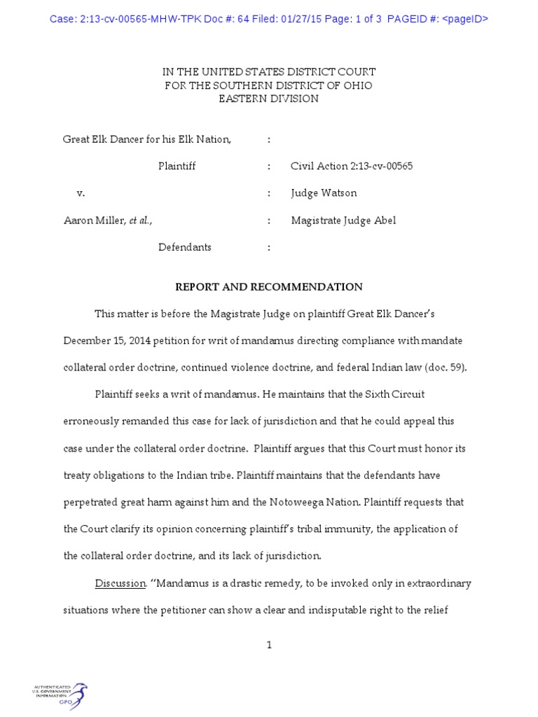 Report and Recommendation | PDF | Interlocutory Appeal | Mandamus