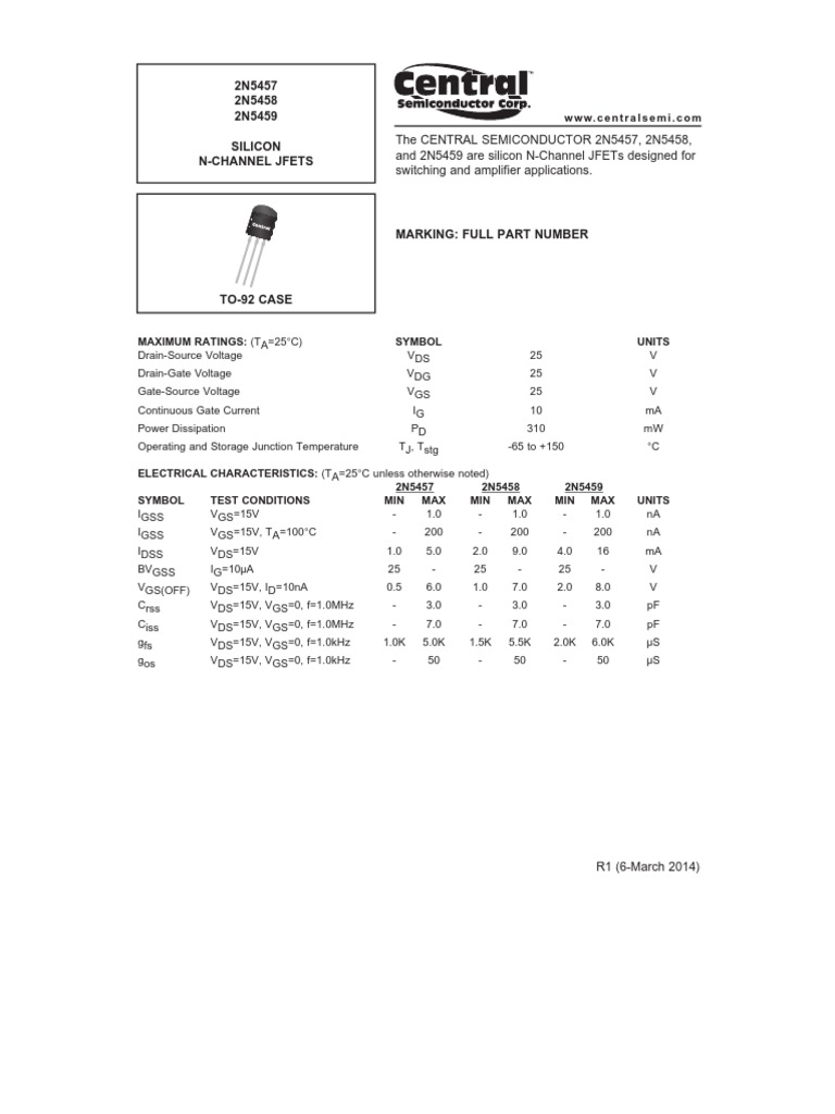2N5457 2N5458 2N5459 Silicon N-Channel Jfets | PDF | Field Effect ...