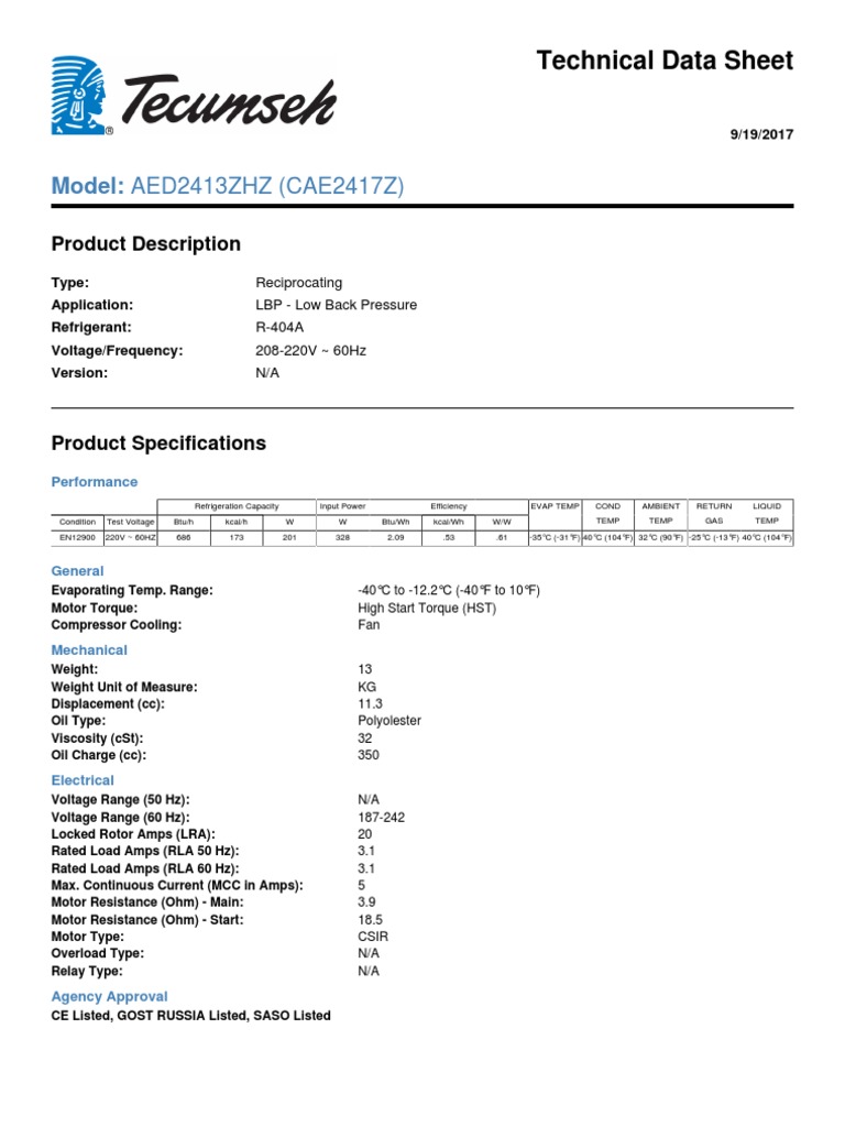 Model: AED2413ZHZ (CAE2417Z) : Technical Data Sheet | PDF | Electric ...