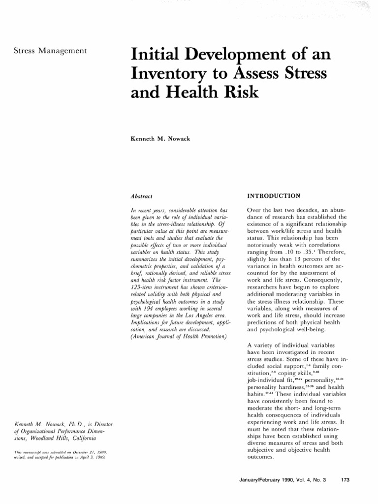 Stress Management Inventory Assesses Health Risk Factors | PDF ...