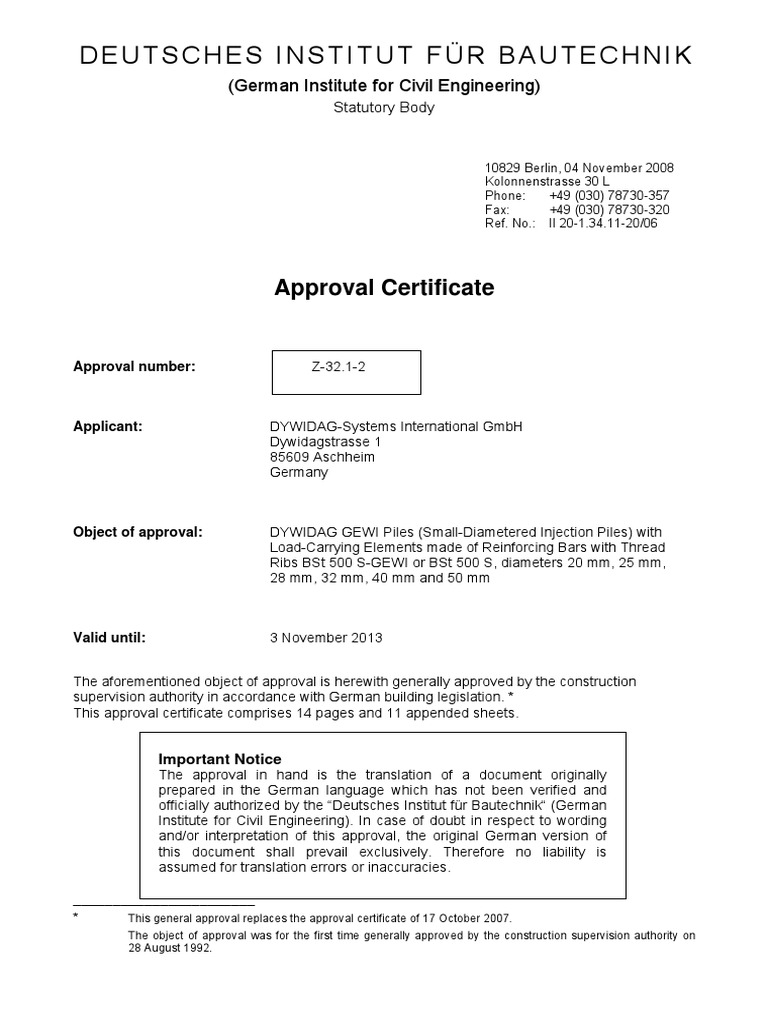 Homologacion Z-32.1-2 GEWI Piles 20mm 25mm 28mm 32mm 40mm 50mm | PDF ...