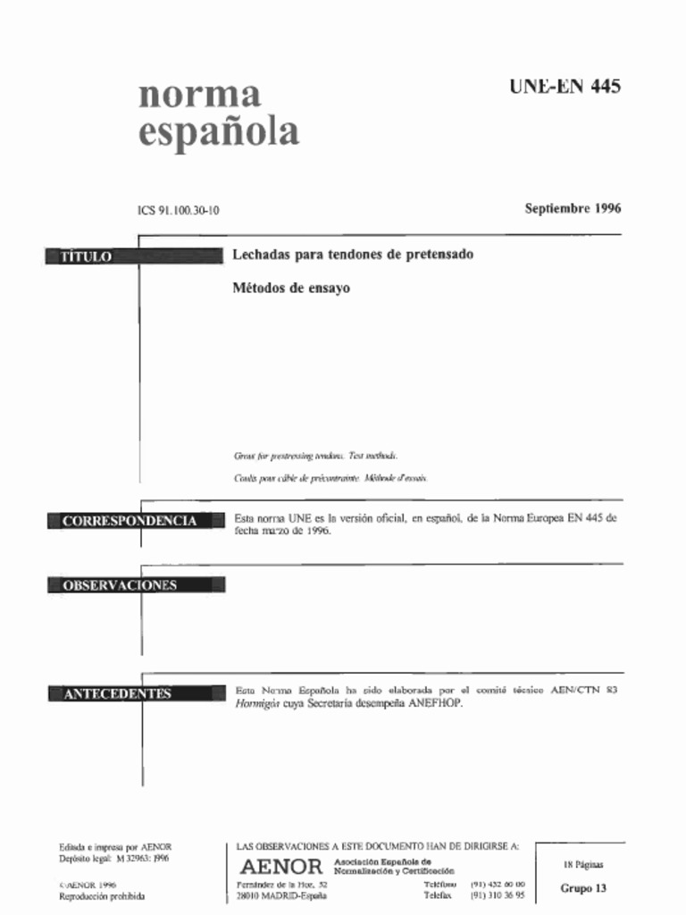 UNE-EN445 - Lechadas para Tendones (Ensayos) PDF | PDF