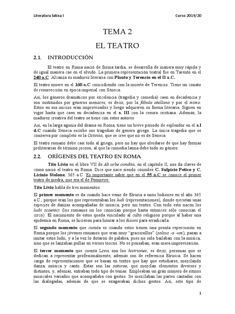 Tema 2 Literatura Latina. El Teatro | PDF | Teatro | Comedia