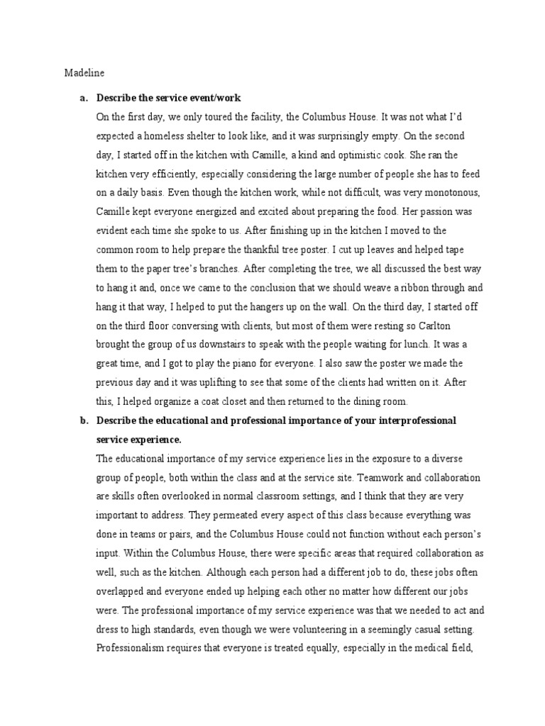 Community Service Reflection | PDF | Homelessness | Psychological Concepts