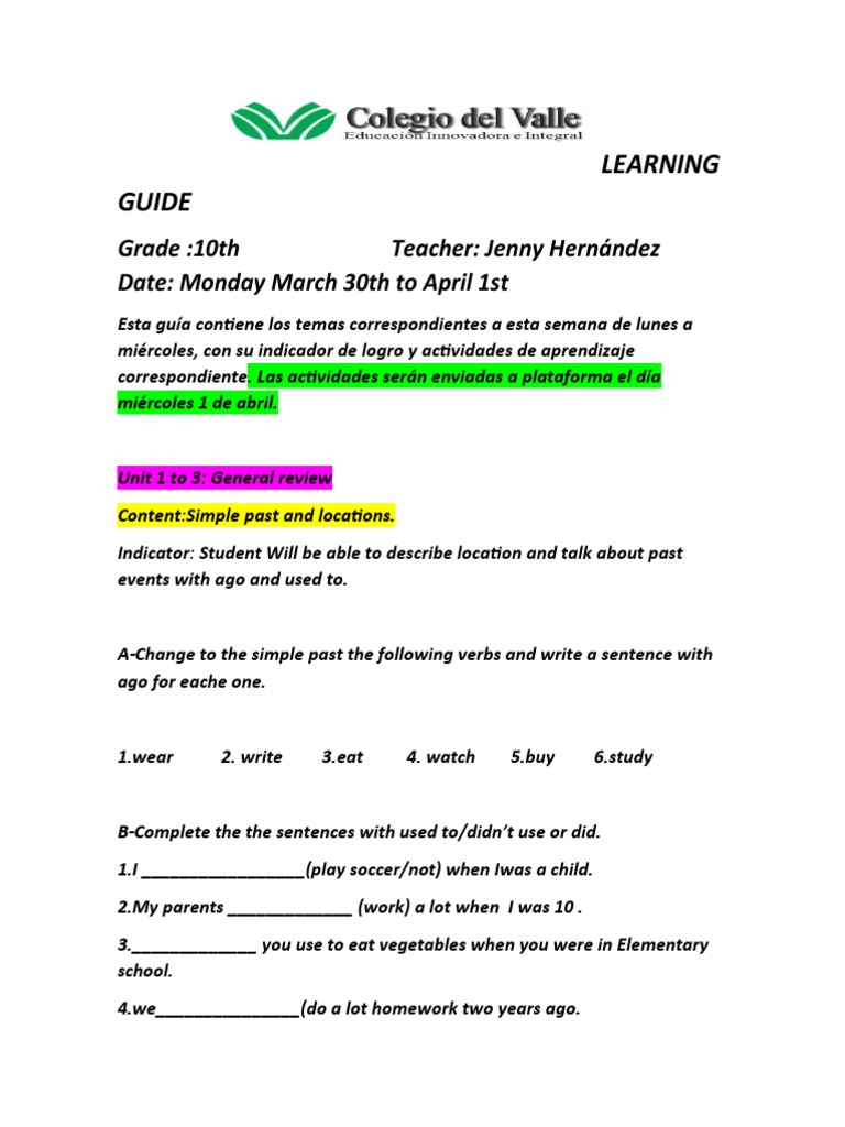 10th Grade Learning Guide: Past Tense & Questions | PDF