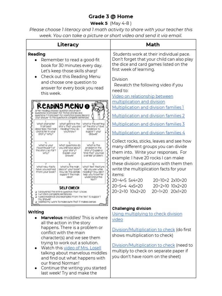 Week 5 - Grade 3 at Home | PDF | Multiplication | Literacy