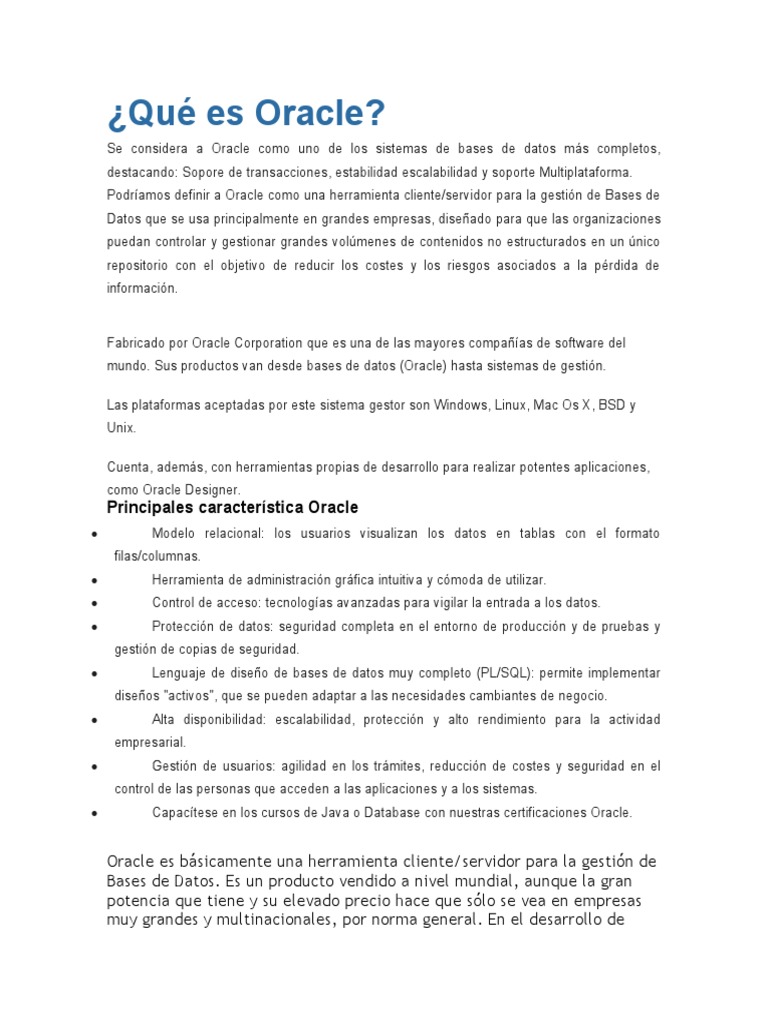 Introducción a Oracle: Bases de Datos y Características | PDF | Oracle ...