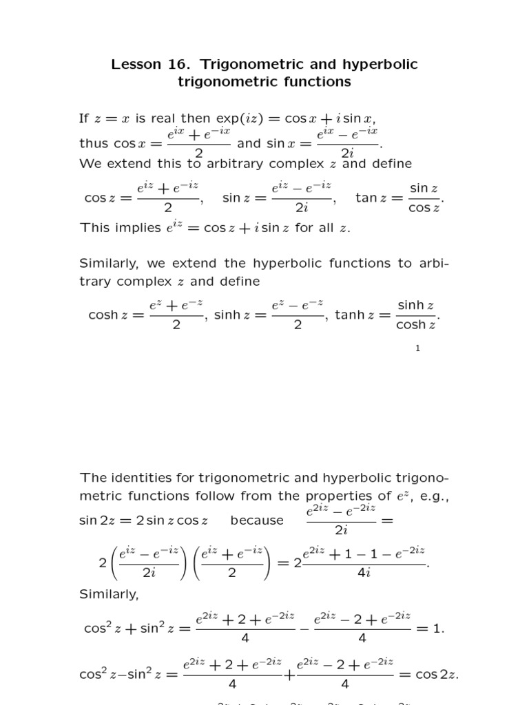 Lesson 16. Trigonometric and Hyperbolic Trigonometric Functions | PDF ...