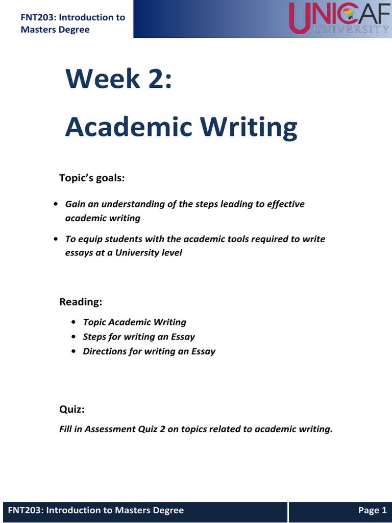 Week 2: Academic Writing: Topic's Goals | PDF | Essays | Thesis